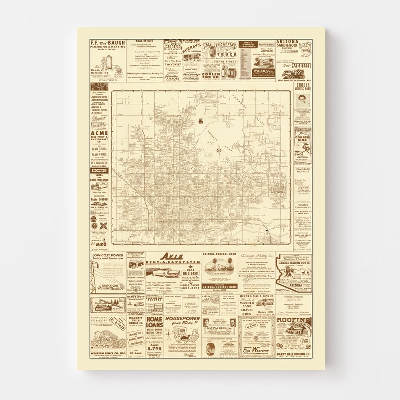 Phoenix Map 1956 Old Map of Phoenix Arizona Art Vintage - Etsy