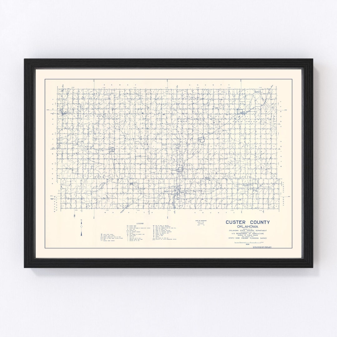 Custer County OK Map 1936 Old Map of Oklahoma Art Vintage Print Framed ...
