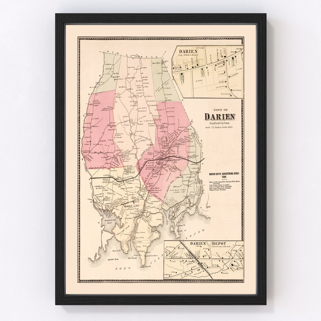 Darien Map 1867, Vintage Darien Map, Old Darien Connecticut Art, Wall ...