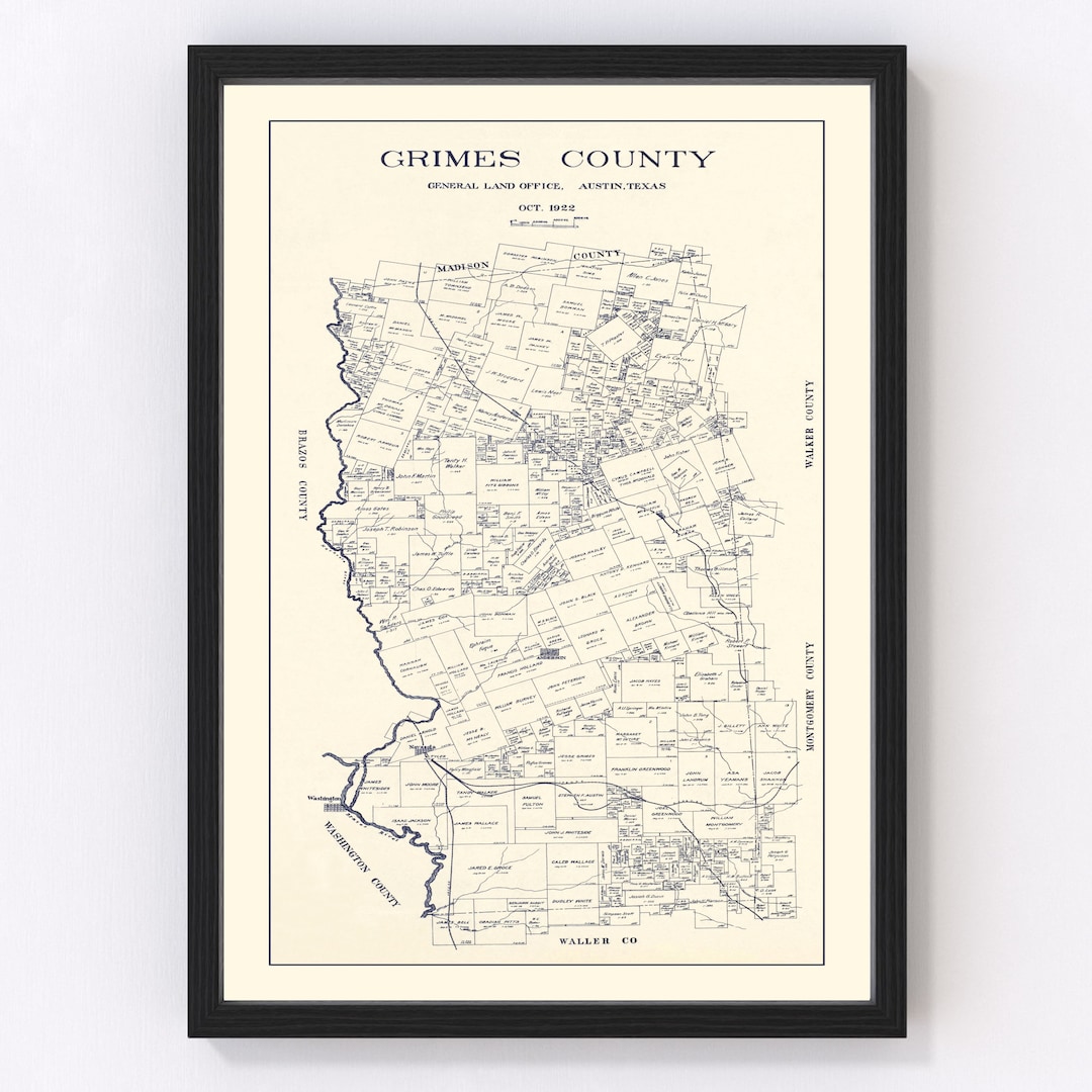 Grimes County TX Map 1922 Old Map of Texas Art Vintage Print Framed ...