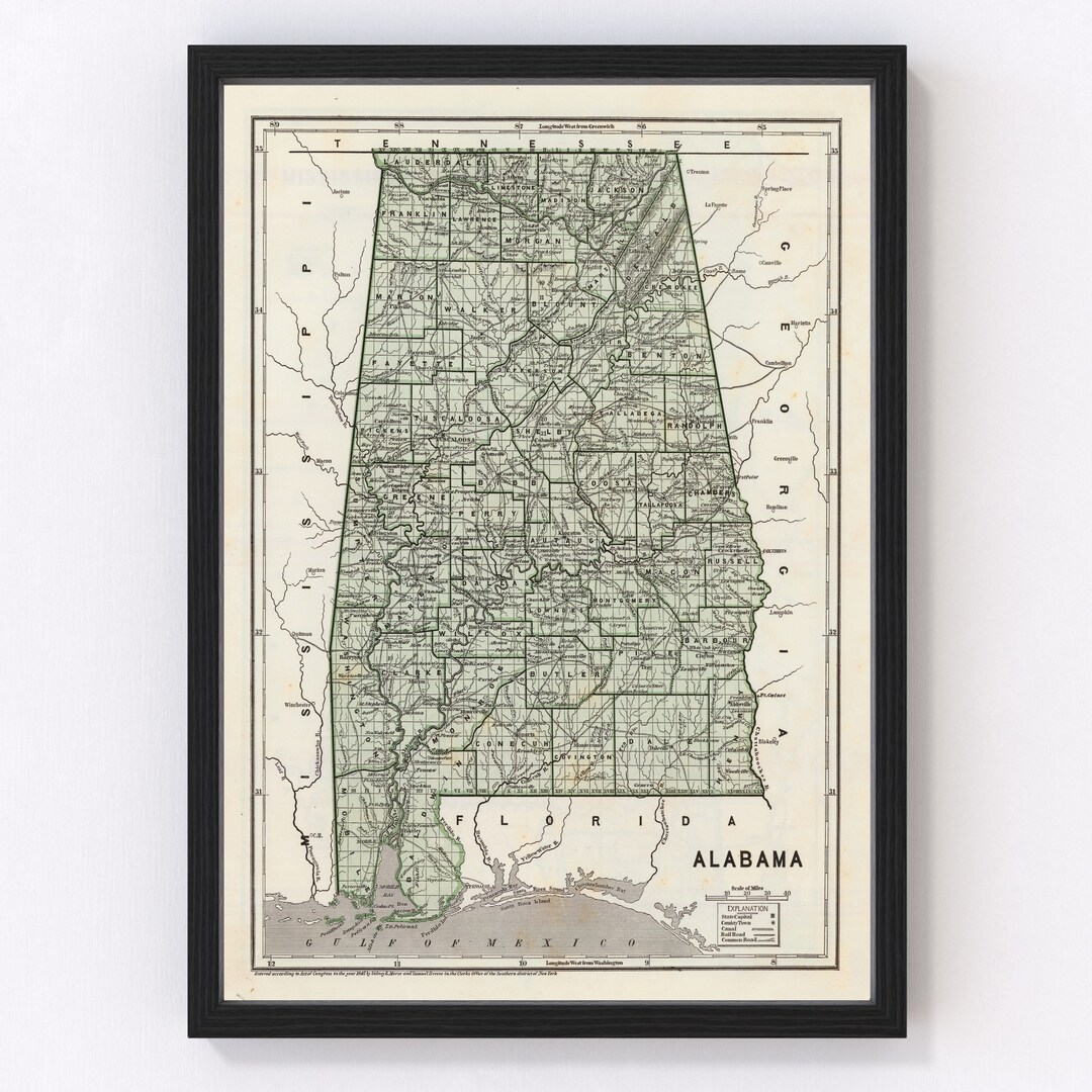 Alabama Map 1842, Vintage Alabama Map, Old Alabama Art, Wall Art Gift ...