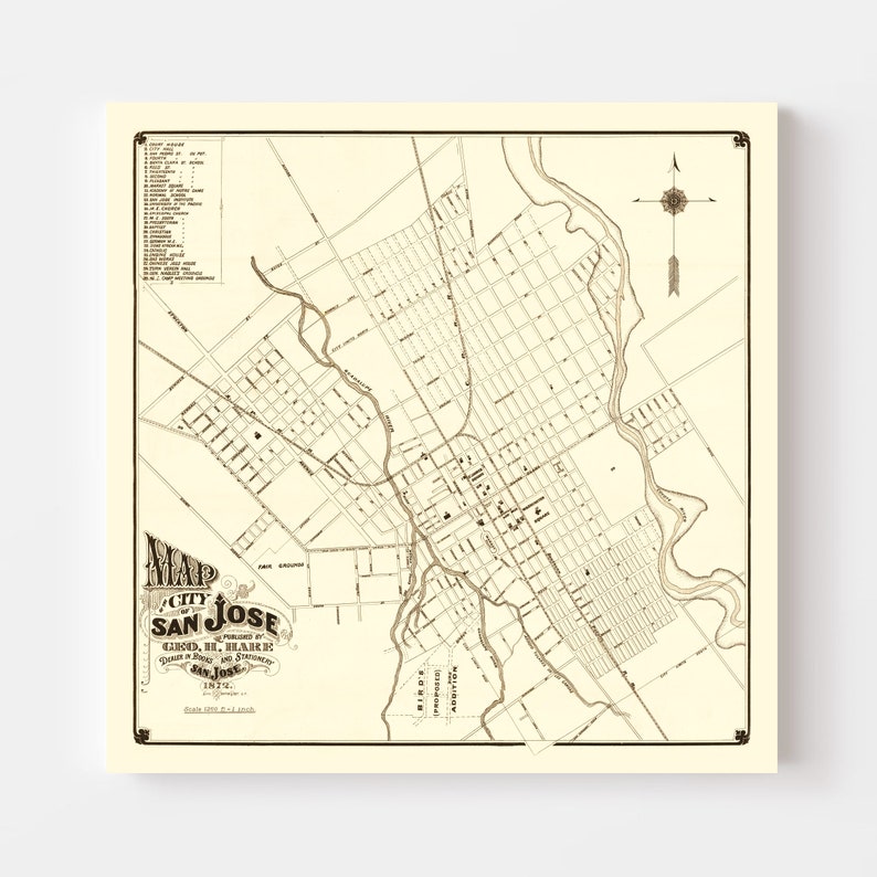 San Jose Map 1872, Vintage San Jose Map, Old San Jose California Art ...