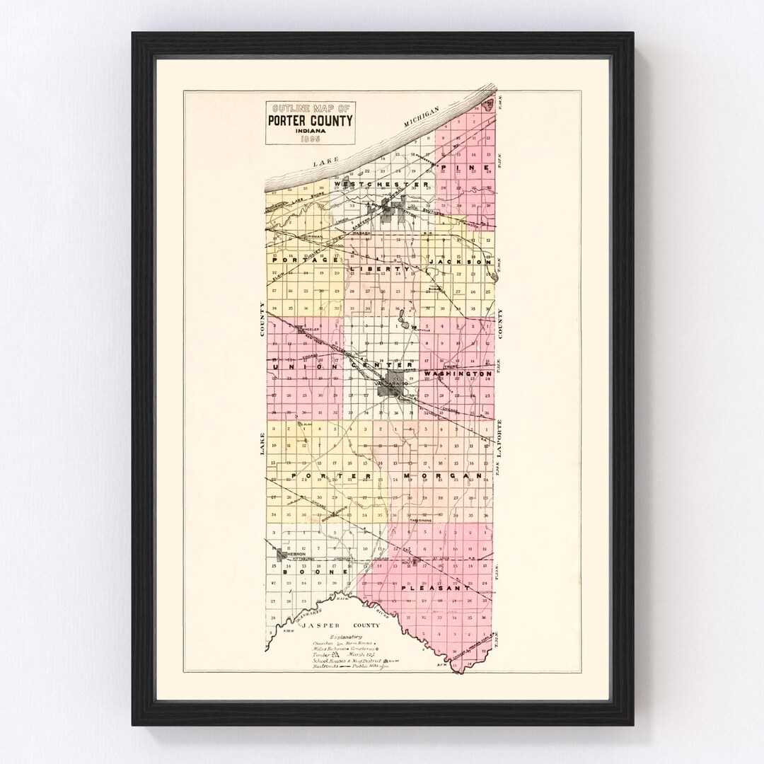 Porter County Map 1895, Vintage Porter County Map, Old Porter County ...