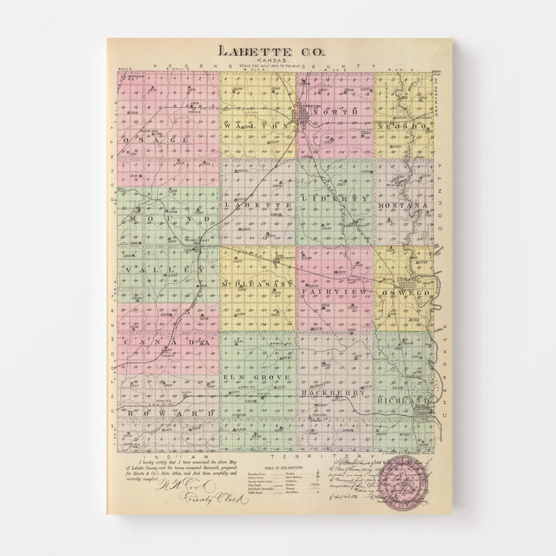 Labette County Map 1887, Vintage Labette County Map, Old Labette County ...