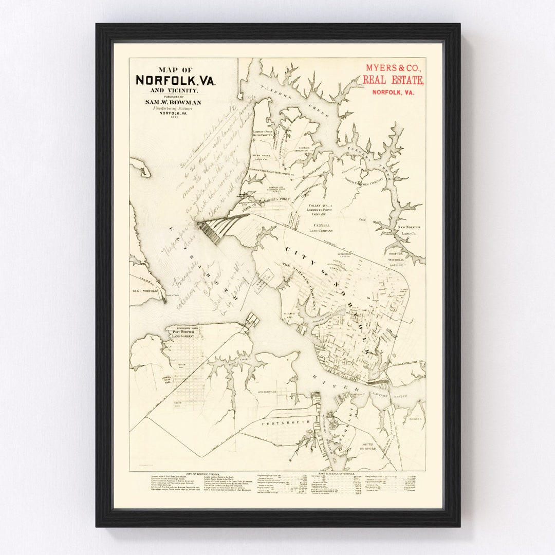 Norfolk Map 1891 Old Map of Norfolk Virginia Art Vintage Print Framed ...