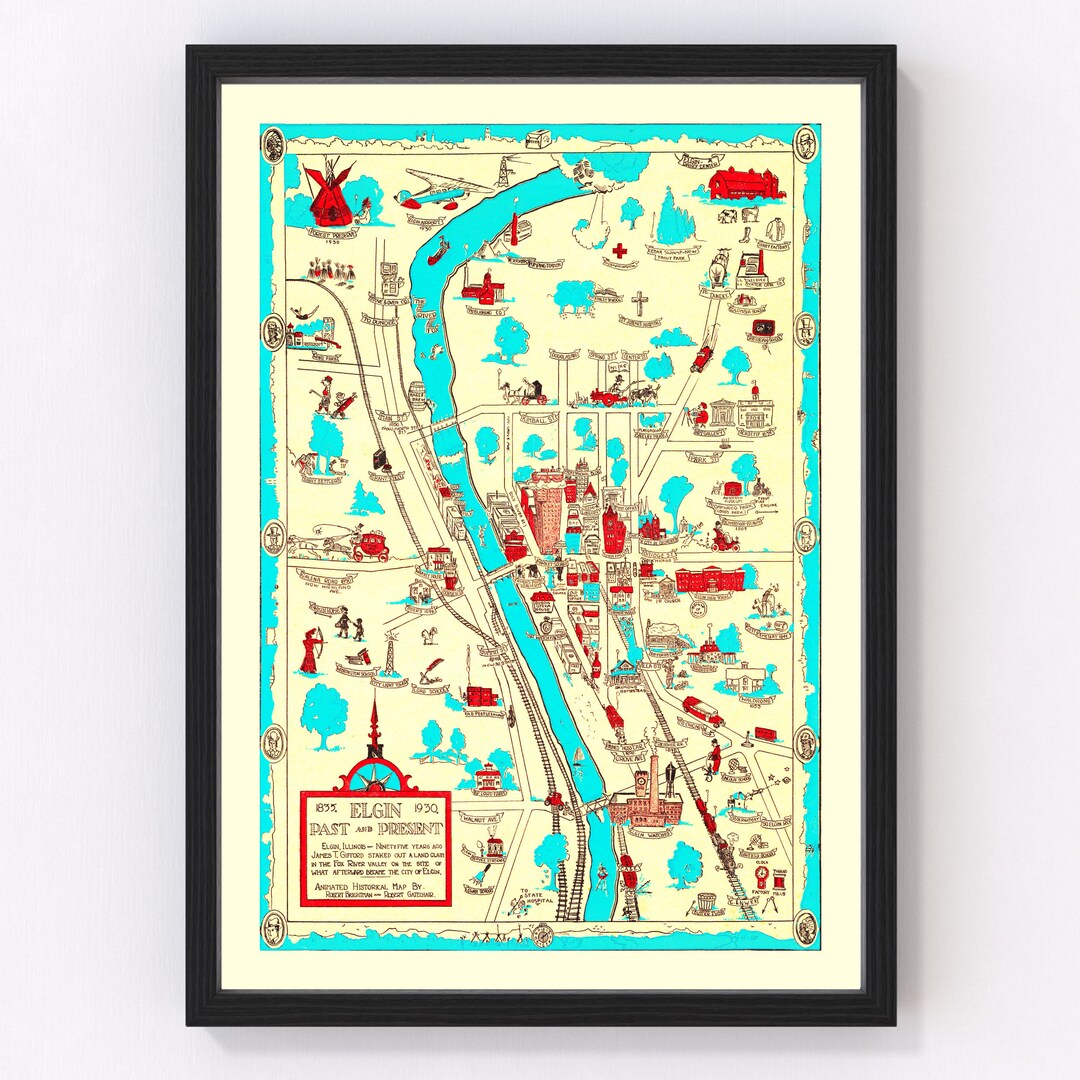 Elgin Map 1930 - Old Map of Elgin Illinois Art Vintage Print Framed Canvas Portrait History ...