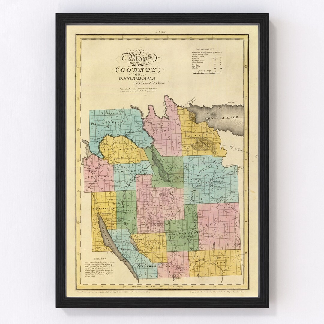 Onondaga County NY Map 1829 Old Map of Syracuse New York Art Vintage ...