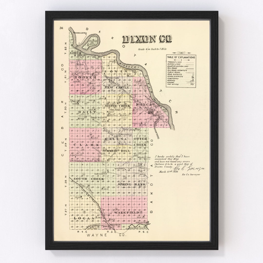 Dixon County NE Map 1885 Old Map of Ponca Nebraska Art Vintage Print ...