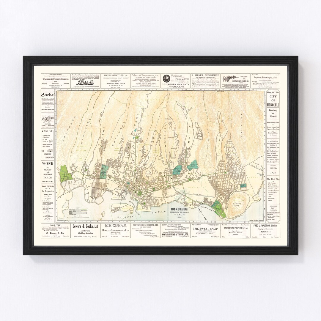 Honolulu Map 1922 Old Map of Honolulu Hawaii Art Vintage Print Framed ...