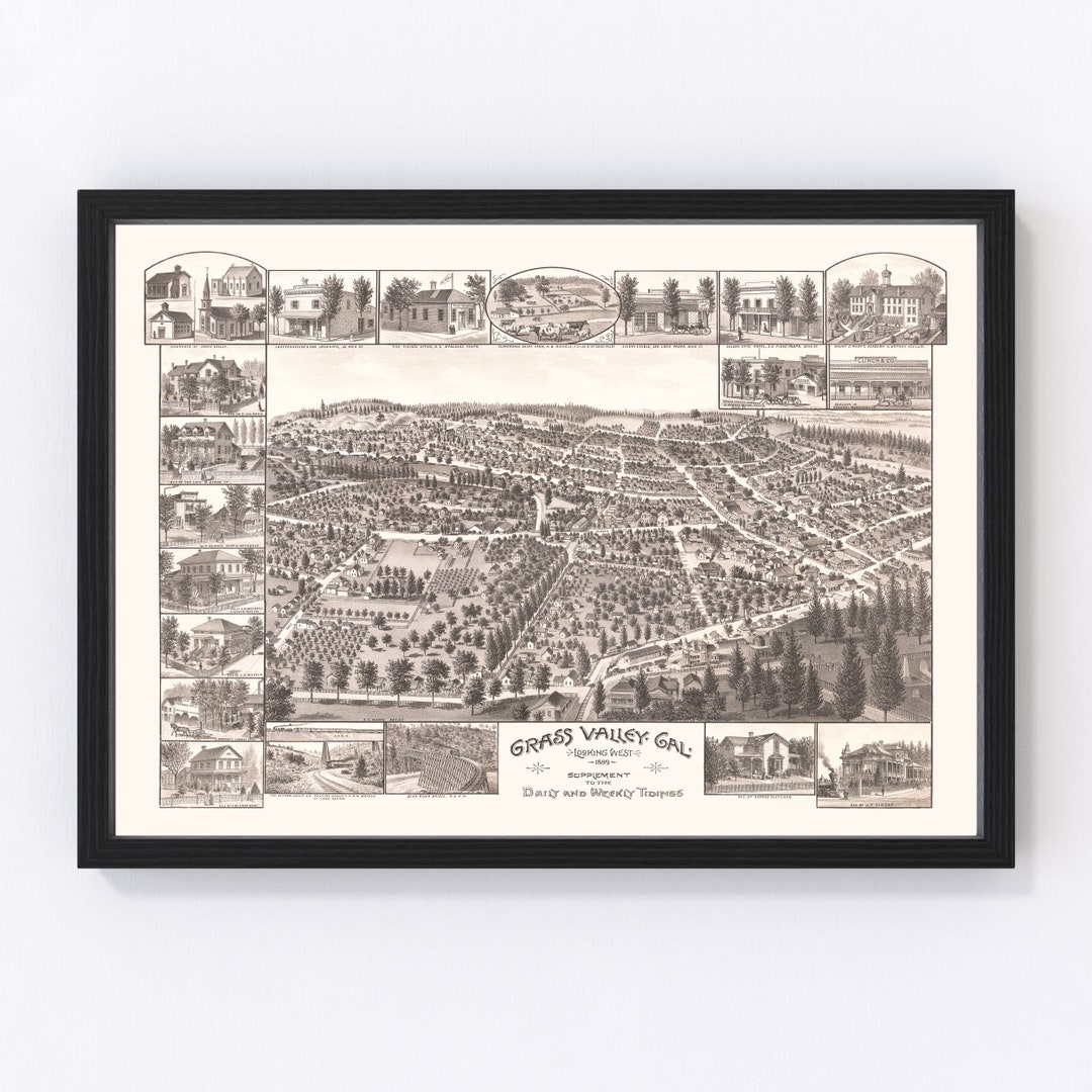 Grass Valley Map 1889 Old Map Of Grass Valley California Art Vintage Print Framed Canvas Birds