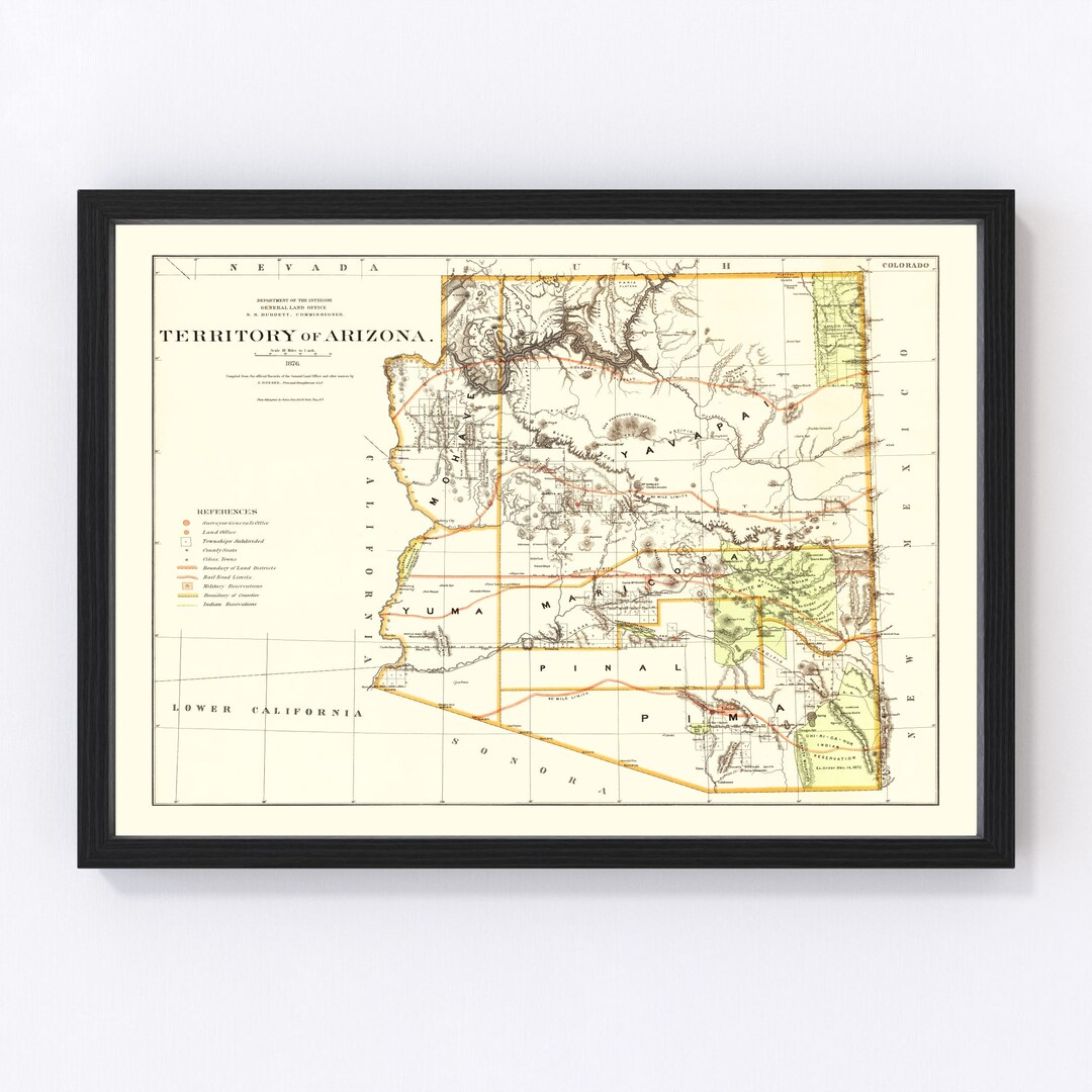 Arizona Map 1876 Old Map of Arizona Art Vintage Print Framed - Etsy