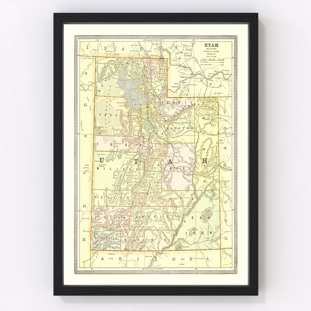 Utah Map 1899 Old Map of Utah Art Vintage Print Framed Wall Art Canvas ...
