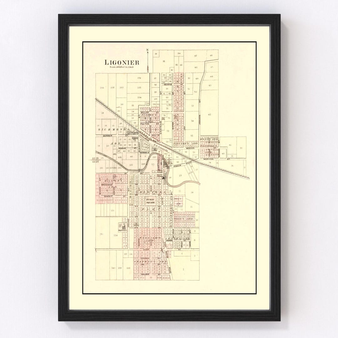 Ligonier Map 1893, Vintage Ligonier Map, Old Ligonier Indiana Art, Wall ...