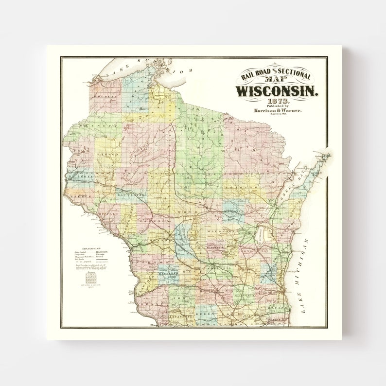 Wisconsin Map 1873, Vintage Wisconsin Map, Old Wisconsin Art, Wall Art ...