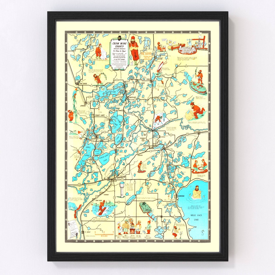 Crow Wing County MN Map 1946 Old Map of Minnesota Art Vintage Print ...