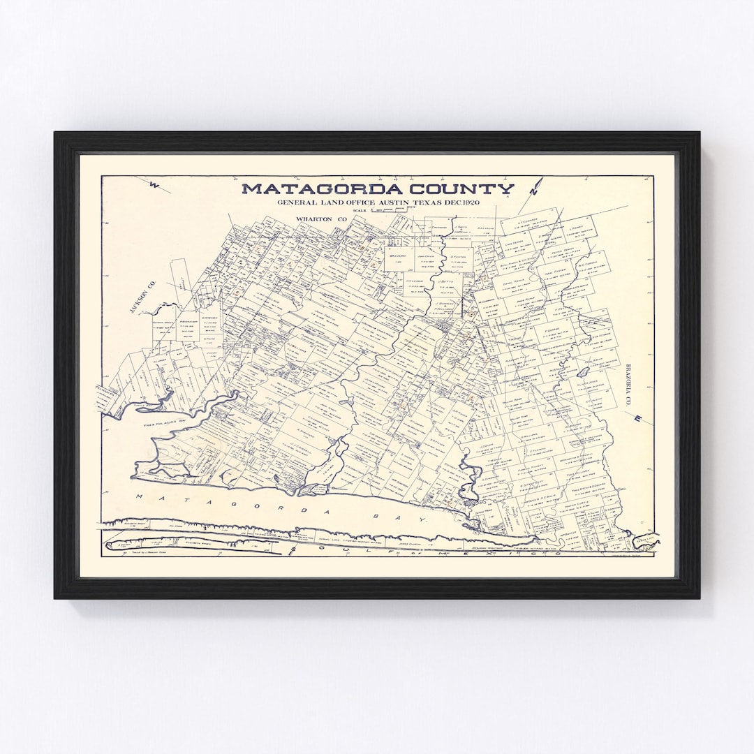 Matagorda County TX Map 1920 Old Map of Texas Art Vintage Print Framed ...