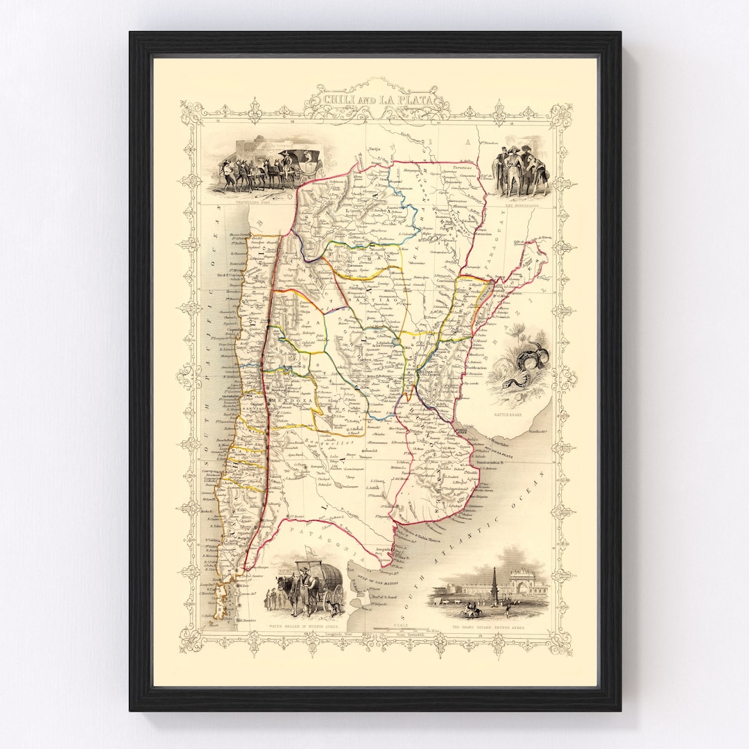 Chile, Argentina Map 1851, Vintage Chile, Argentina Map, Old Chile ...