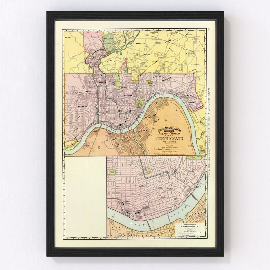 Cincinnati Map 1897, Vintage Cincinnati Map, Old Cincinnati Ohio Art ...
