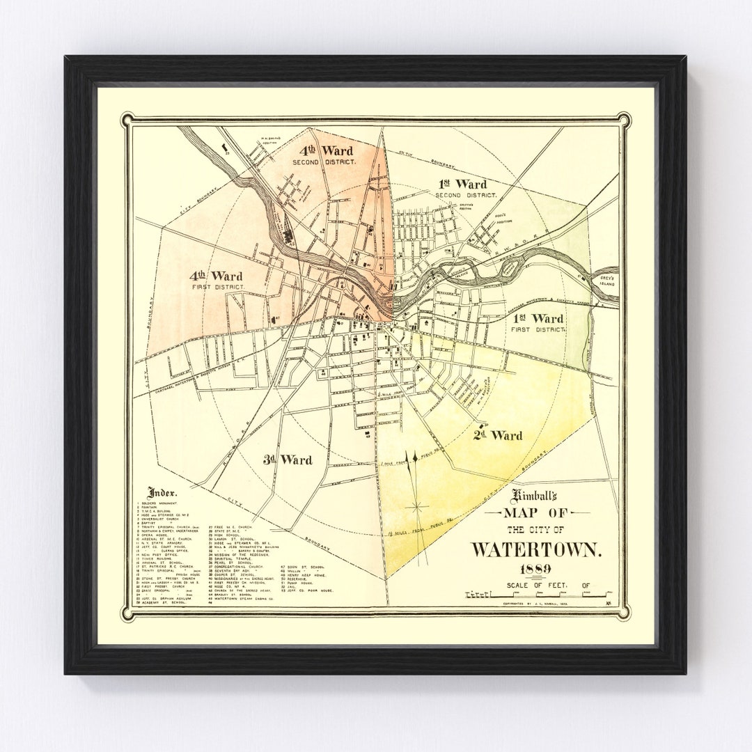 Watertown Map 1889 Old Map of Watertown New York Art Vintage Print ...