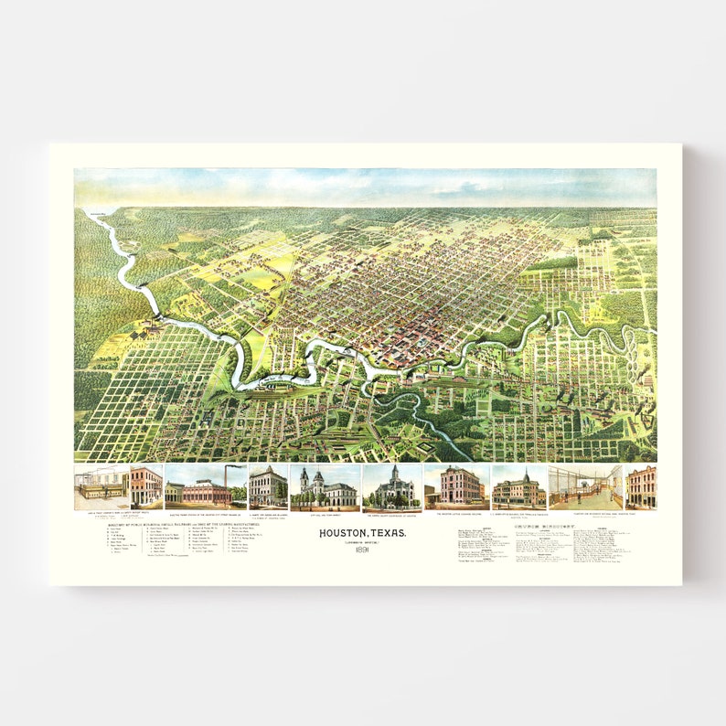 Houston Map 1891 - Old Map of Houston Texas Art Vintage Print Framed ...