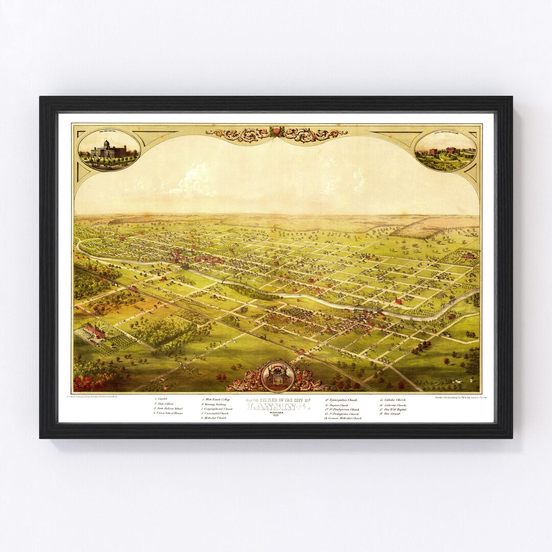 Lansing Map 1866 Old Map of Lansing Michigan Art Vintage Print Framed ...