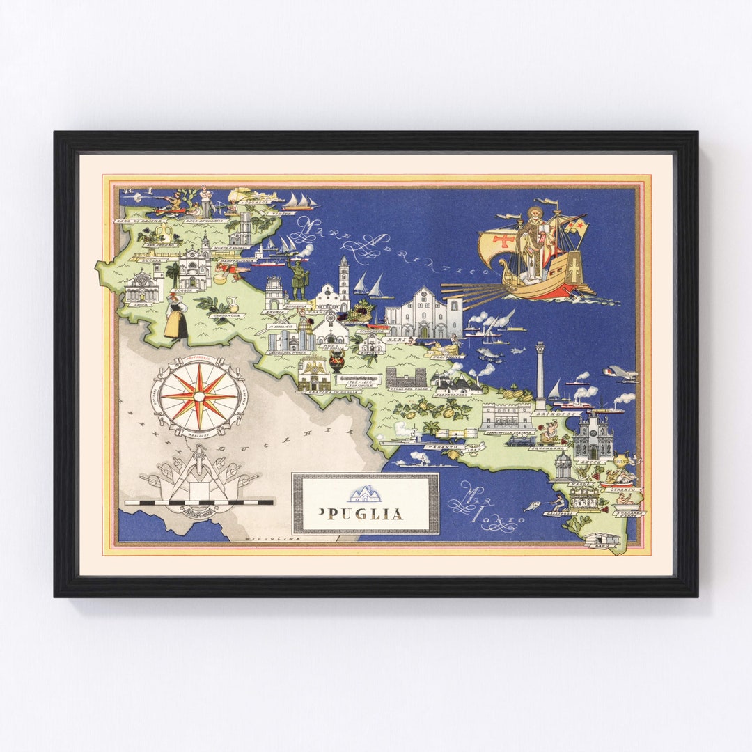 Puglia Italy Map 1938, Vintage Puglia Italy Map, Old Puglia Italy Art ...