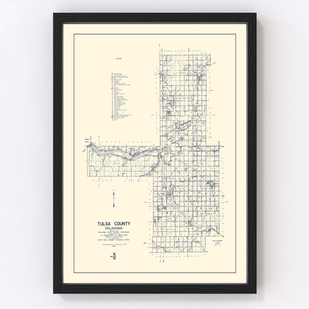 Tulsa County OK Map 1936 Old Map of Oklahoma Art Vintage Print Framed ...