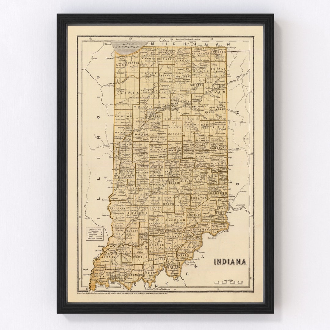 Indiana Map 1842 - Old Map of Indiana Art Vintage Print Framed Wall Art ...