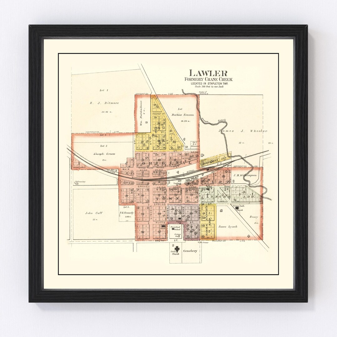 Lawler Map 1892, Vintage Lawler Map, Old Lawler Iowa Art, Wall Art Gift ...