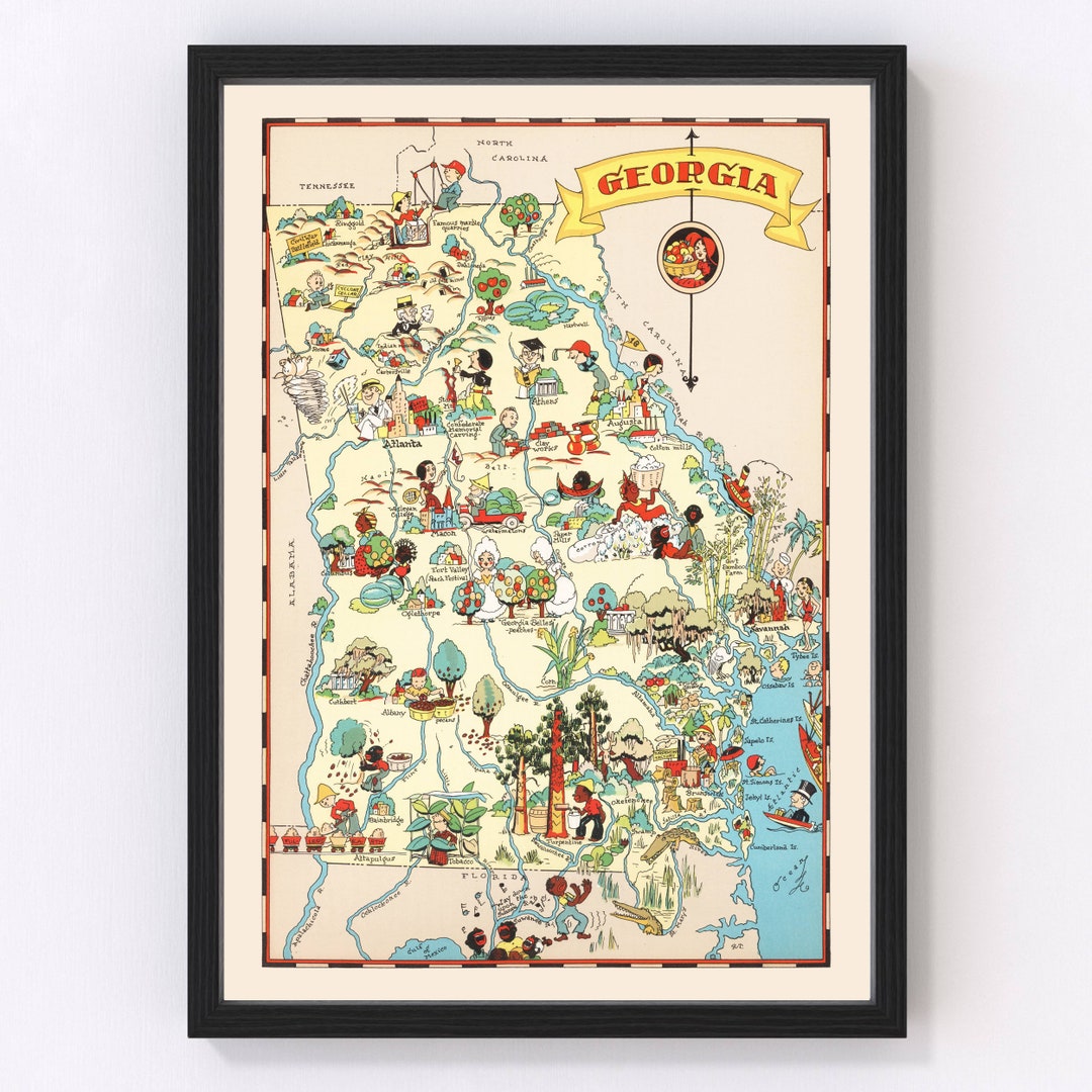 Georgia Map 1935 Old Map of Georgia Art Vintage Print Framed Wall Art ...