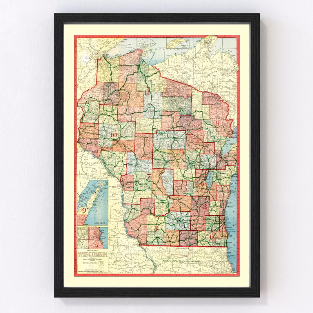 Wisconsin Map 1913, Vintage Wisconsin Map, Old Wisconsin Art, Wall Art ...