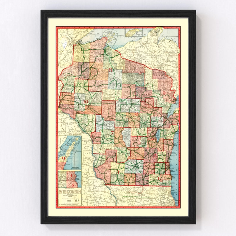 Wisconsin Map 1913, Vintage Wisconsin Map, Old Wisconsin Art, Wall Art ...