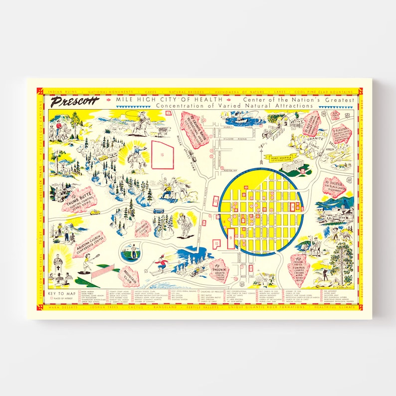 Prescott Map 1950, Vintage Prescott Map, Old Prescott Arizona Art, Wall ...