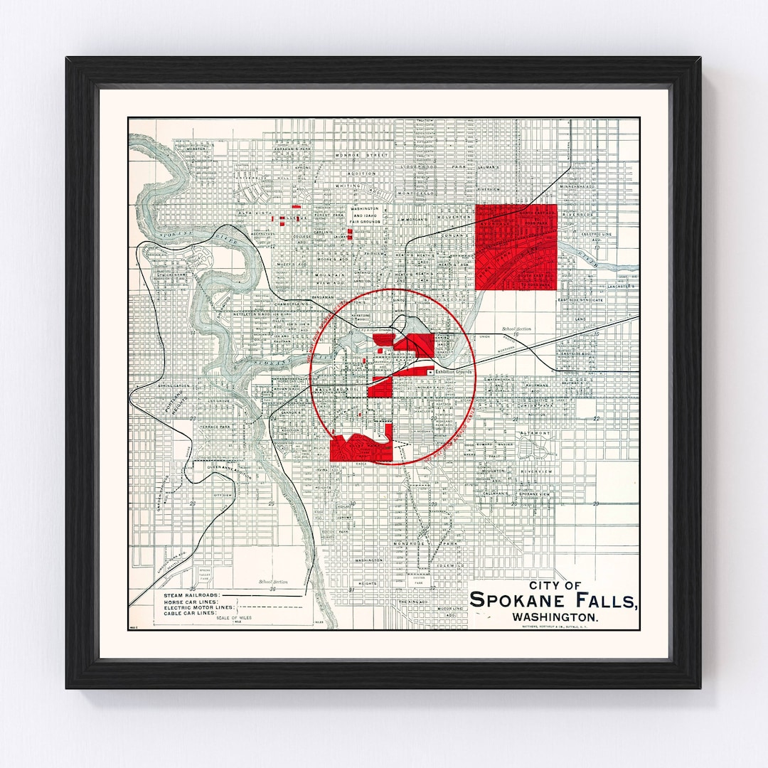 Spokane Falls Map 1890, Vintage Spokane Falls Map, Old Spokane Falls ...