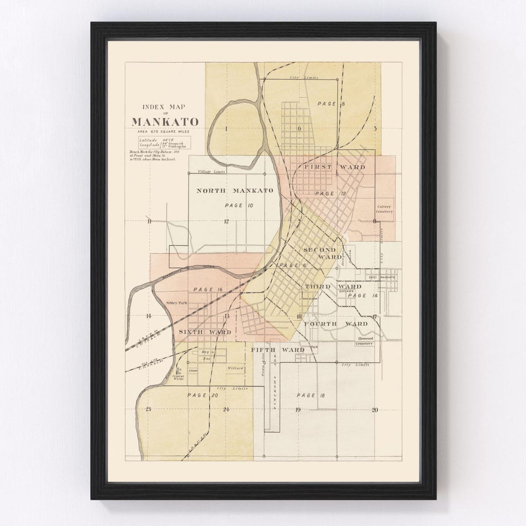 Mankato Map 1921 Old Map of Mankato Minnesota Art Vintage Print Framed ...