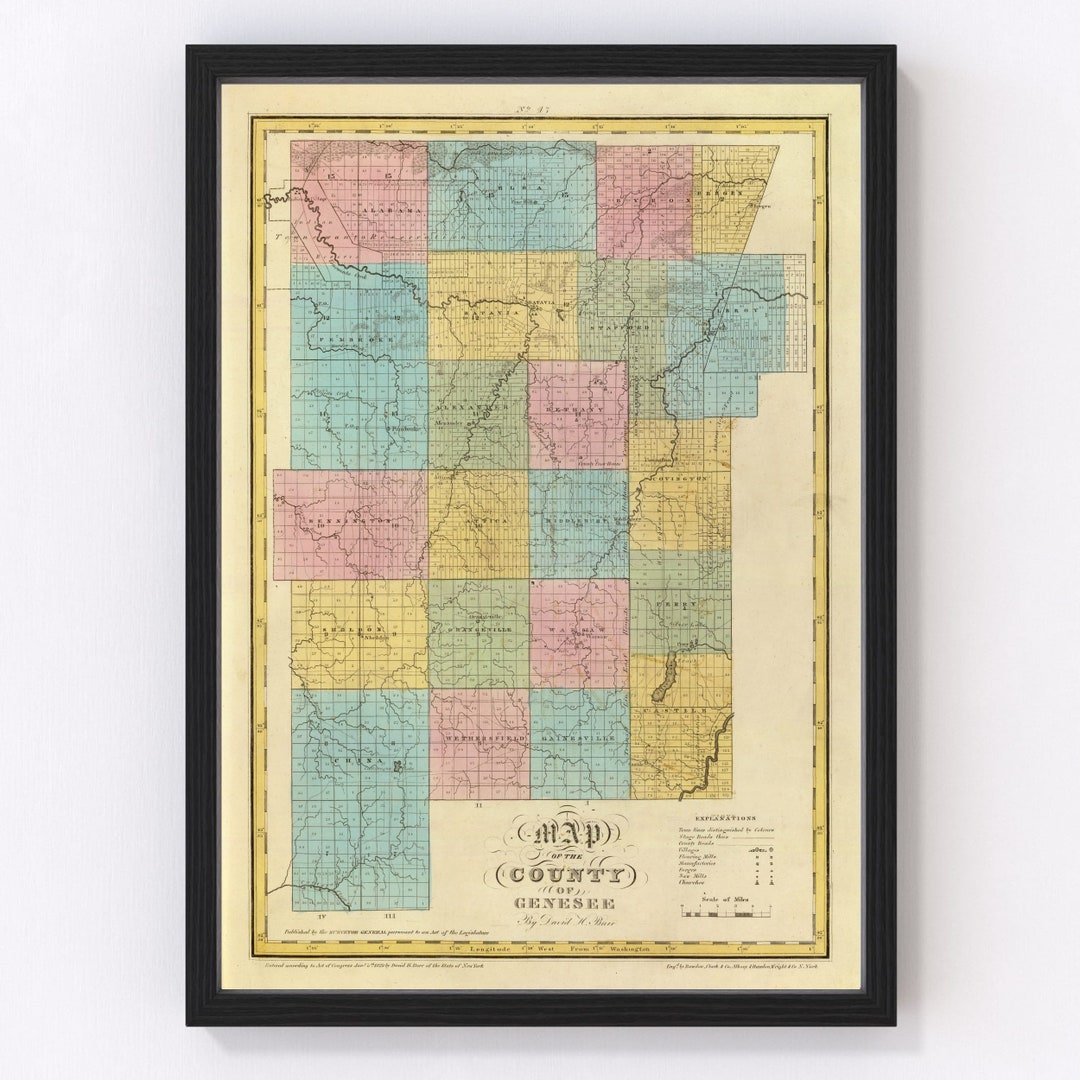 Genesee County Map 1829, Vintage Genesee County Map, Old Genesee County ...