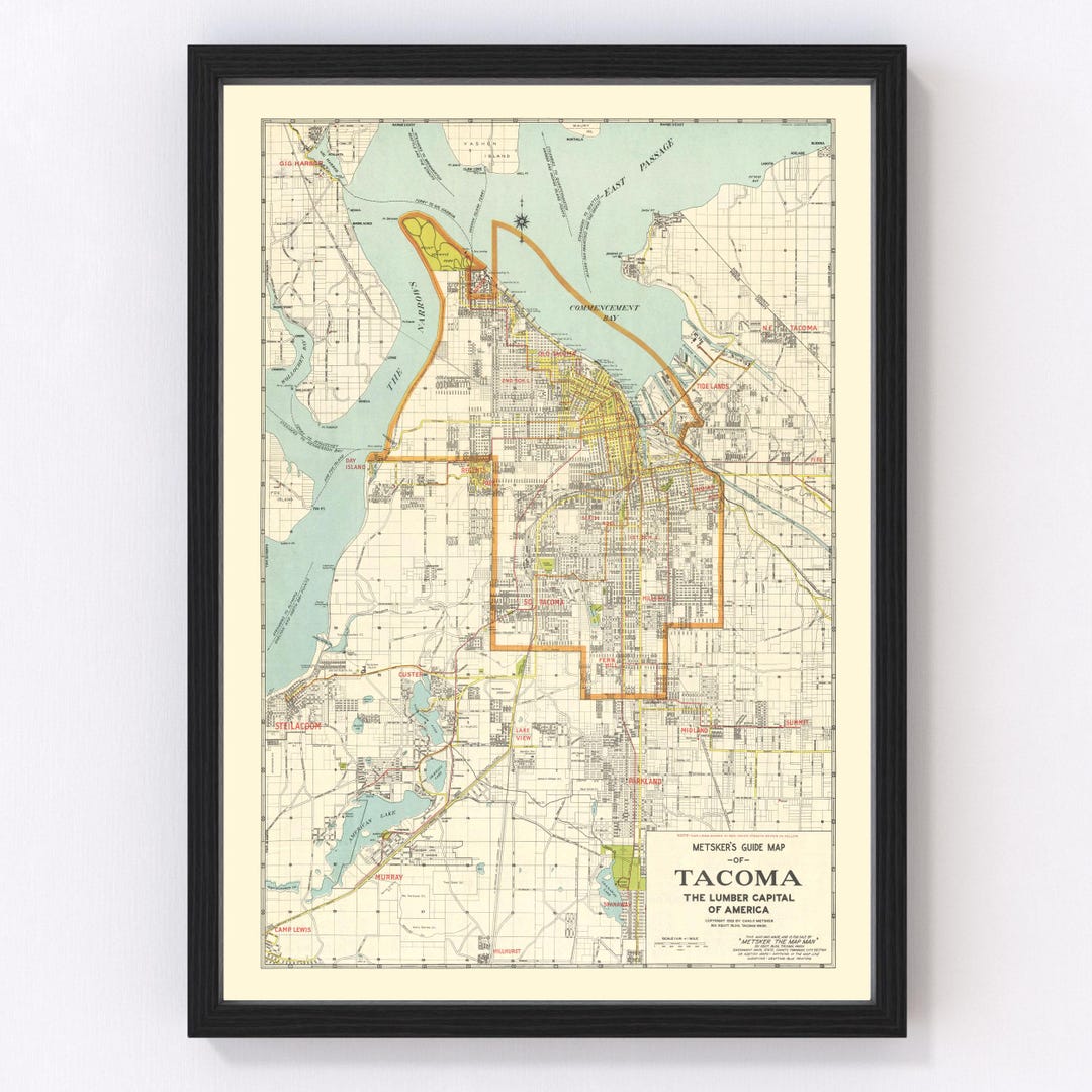 Tacoma Map 1923, Vintage Tacoma Map, Old Tacoma Washington Art, Wall Art Gift for Tacoma History ...