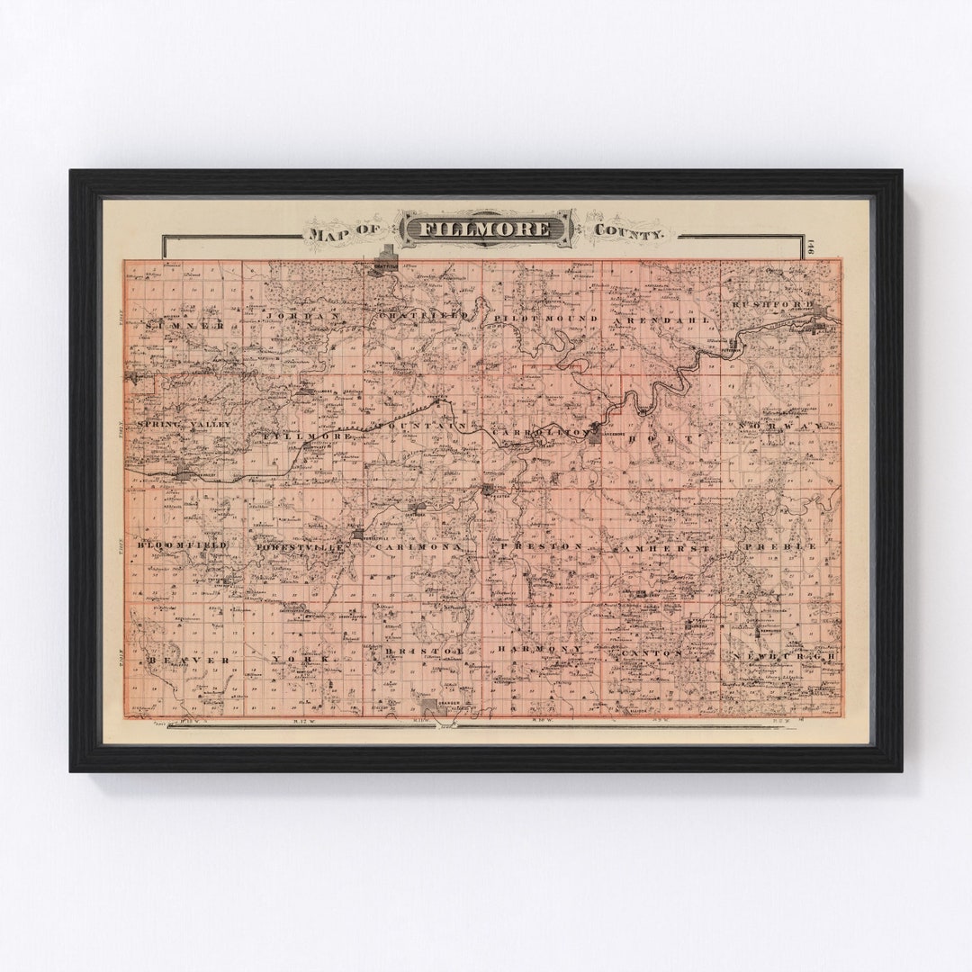 Fillmore County MN Map 1874 Old Map of Preston Minnesota Art Vintage ...