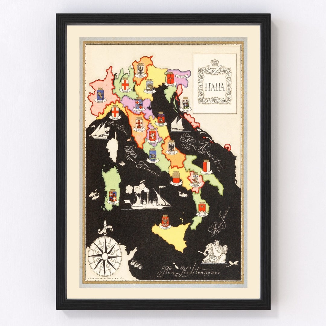 Italy Map 1938 - Old Map of Italy Art Print Framed Wall Art Vintage ...