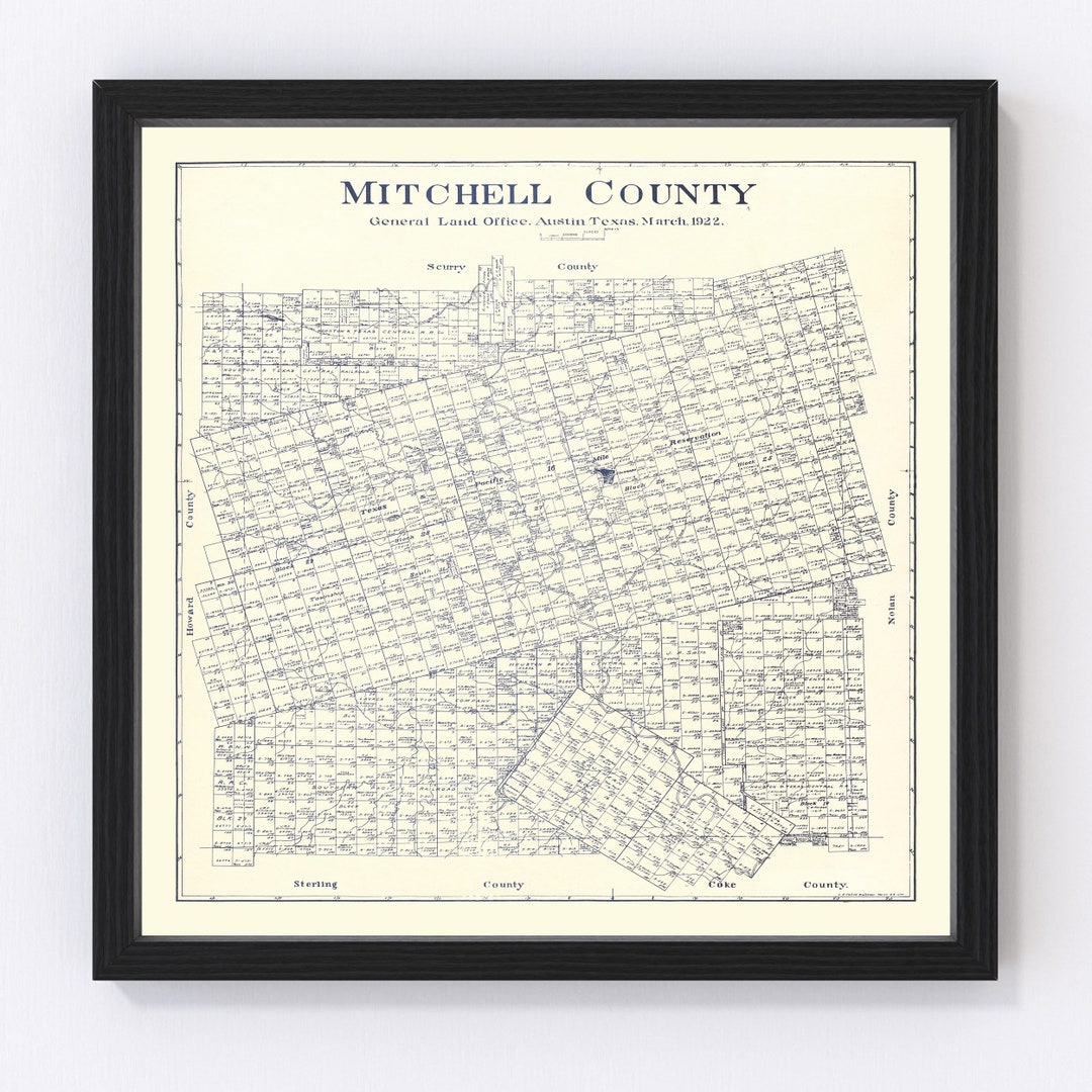 Mitchell County TX Map 1922 Old Map of Texas Art Vintage Print Framed ...