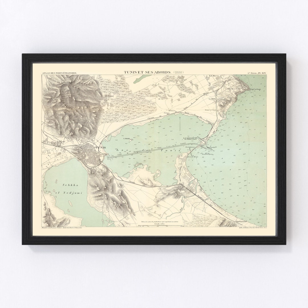 Tunis Map 1888 Old Map of Tunis Tunisia Art Vintage Print Framed Wall ...