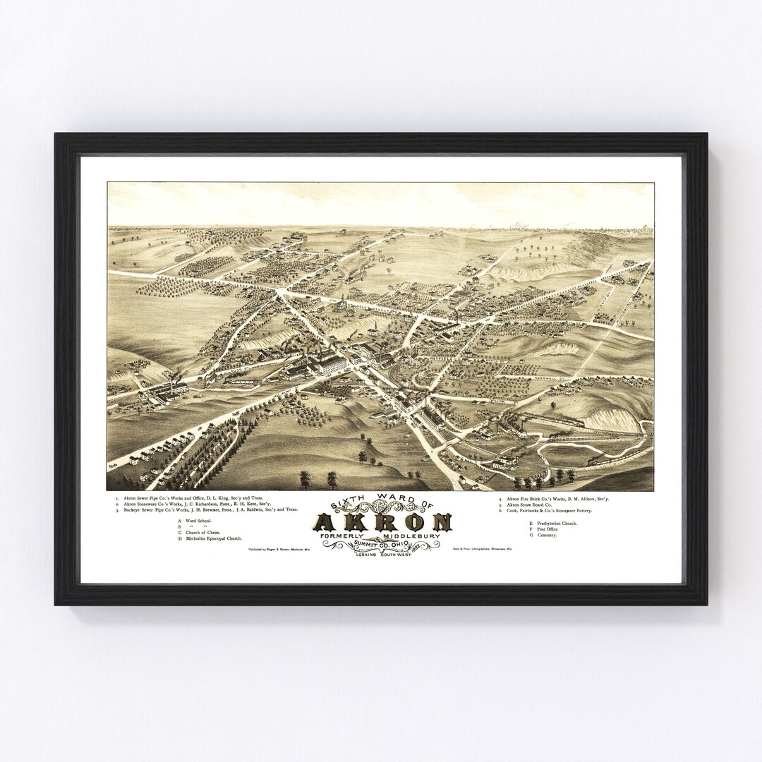 Akron Map 1882 - Old Map of Akron Ohio Art Vintage Print Framed Canvas ...