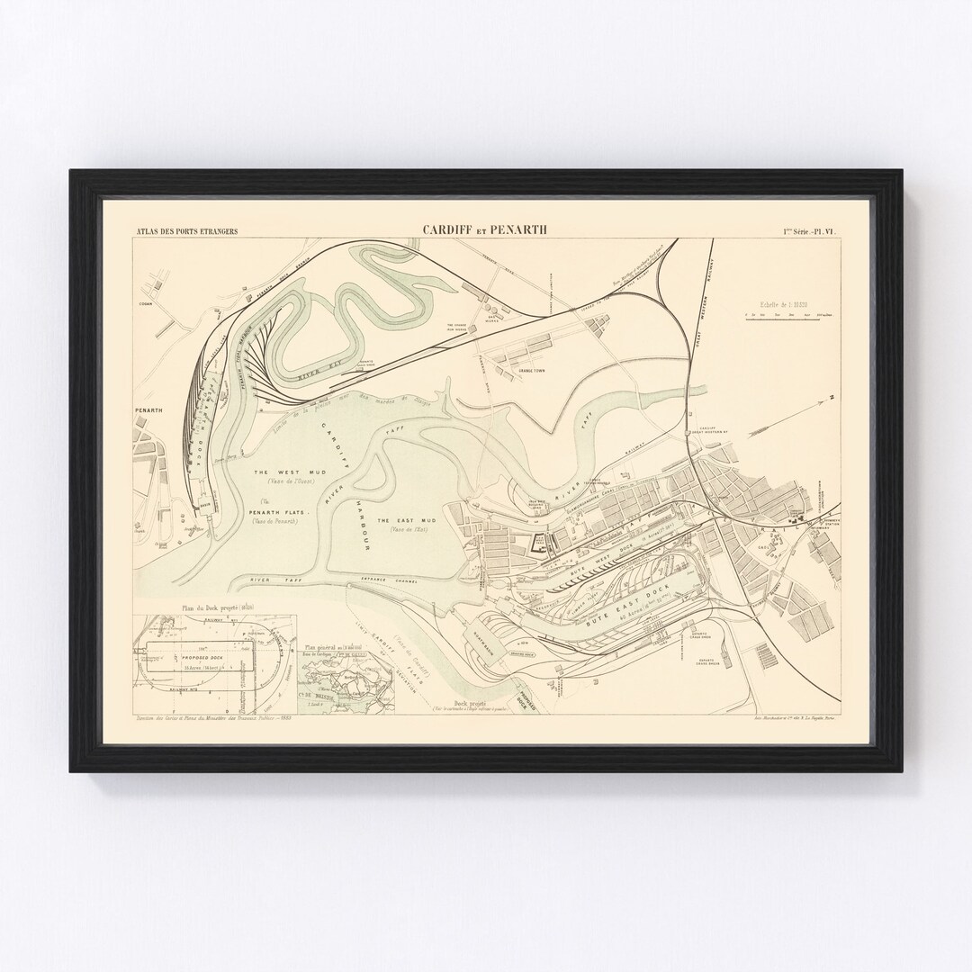 Cardiff Map 1883 Old Map of Cardiff England Art Vintage Print Framed ...