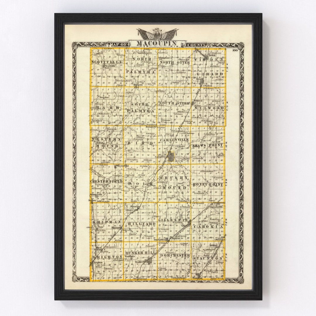 Macoupin County IL Map 1876 Old Map of Carlinville Illinois Art Vintage ...