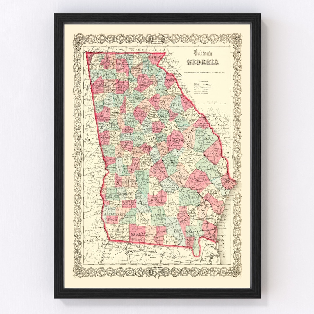 Georgia Map 1859, Vintage Georgia Map, Old Georgia Art, Wall Art Gift ...