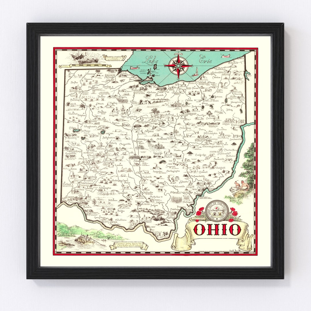 Ohio Map 1940 - Old Map of Ohio Art Vintage Print Framed Wall Art ...