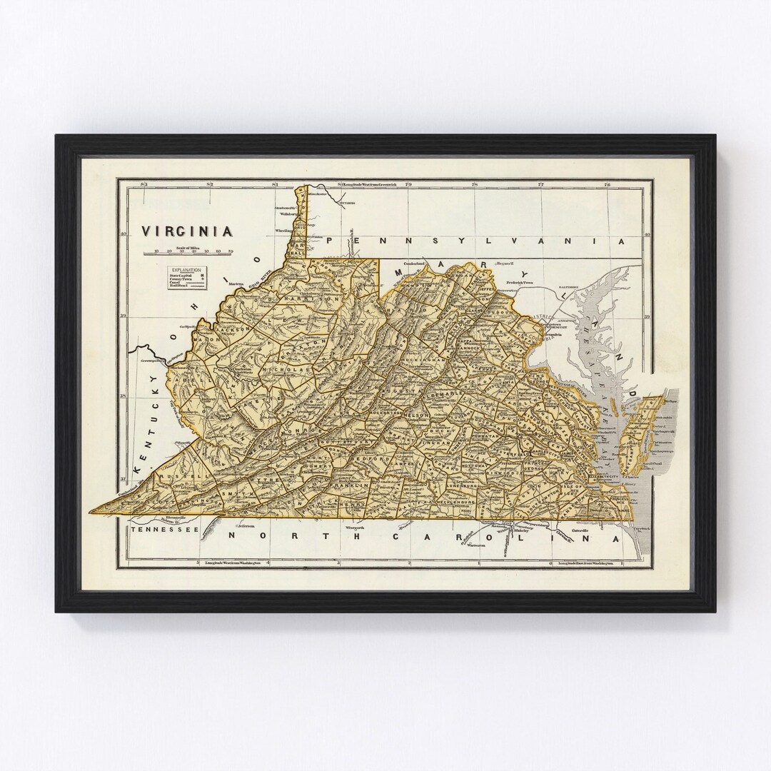 Virginia Map 1842, Vintage Virginia Map, Old Virginia Art, Wall Art ...