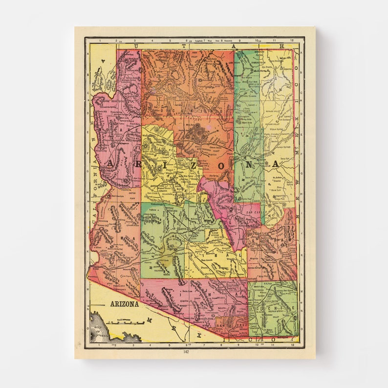 Arizona Map 1909, Vintage Arizona Map, Old Arizona Art, Wall Art Gift ...