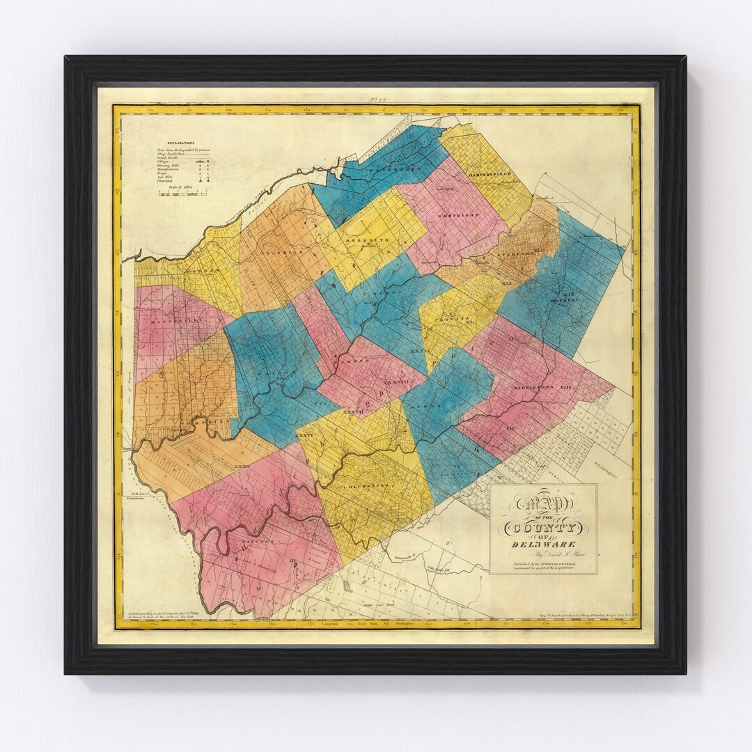 Delaware County Map 1829, Vintage Delaware County Map, Old Delaware ...