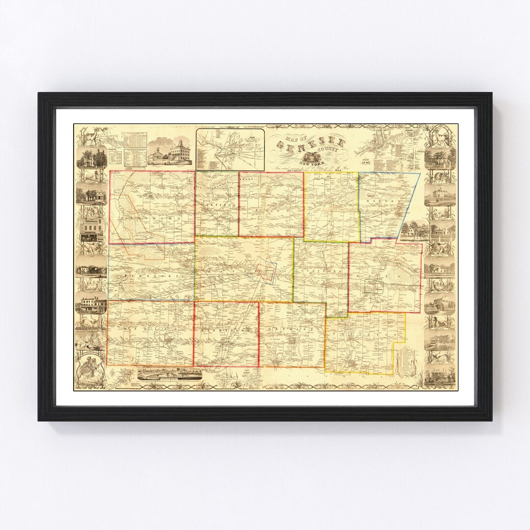 Genesee County Map 1854, Vintage Genesee County Map, Old Genesee County ...
